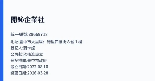 開鈊企業社的照片-統編 88669718(臺中市) 公司登記資料與營業項目詳細圖表
