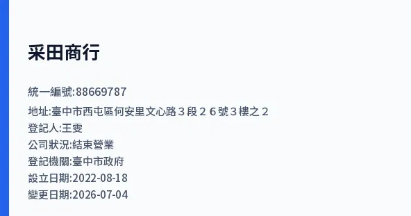 采田商行的照片-統編 88669787(臺中市) 公司登記資料與營業項目詳細圖表