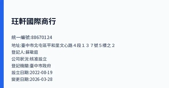 玨軒國際商行的照片-統編 88670124(臺中市) 公司登記資料與營業項目詳細圖表