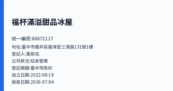 福杯滿溢甜品冰屋的照片-統編 88671117(臺中市) 公司登記資料與營業項目詳細圖表
