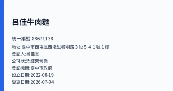 呂佳牛肉麵的照片-統編 88671138(臺中市) 公司登記資料與營業項目詳細圖表