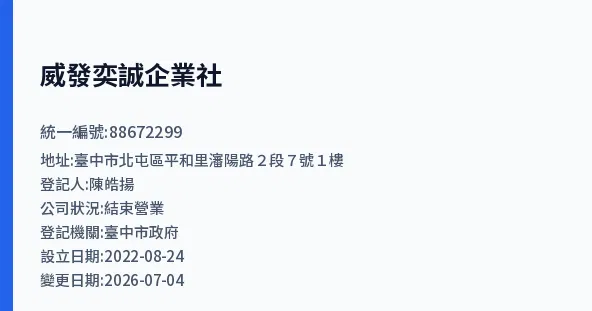 威發奕誠企業社的照片-統編 88672299(臺中市) 公司登記資料與營業項目詳細圖表