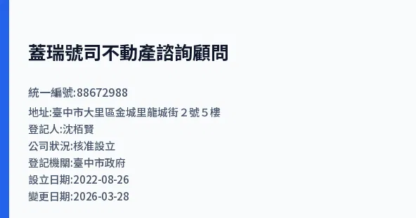 蓋瑞號司不動產諮詢顧問的照片-統編 88672988(臺中市) 公司登記資料與營業項目詳細圖表