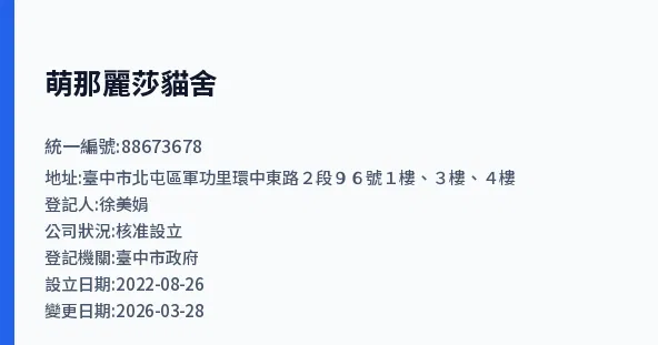 萌那麗莎貓舍的照片-統編 88673678(臺中市) 公司登記資料與營業項目詳細圖表