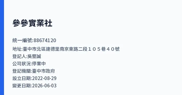 參參實業社的照片-統編 88674120(臺中市) 公司登記資料與營業項目詳細圖表