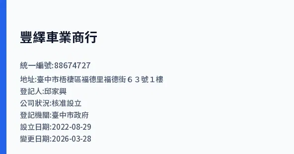 豐繹車業商行的照片-統編 88674727(臺中市) 公司登記資料與營業項目詳細圖表