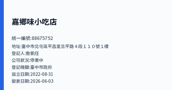 嘉鄉味小吃店的照片-統編 88675752(臺中市) 公司登記資料與營業項目詳細圖表