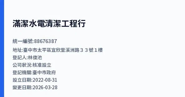 滿潔水電清潔工程行的照片-統編 88676387(臺中市) 公司登記資料與營業項目詳細圖表