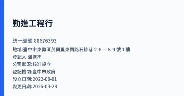 勤進工程行的照片-統編 88676393(臺中市) 公司登記資料與營業項目詳細圖表