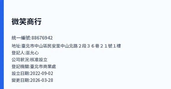 微笑商行的照片-統編 88676942(臺北市) 公司登記資料與營業項目詳細圖表