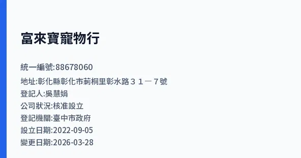 富來寶寵物行的照片-統編 88678060(彰化縣) 公司登記資料與營業項目詳細圖表