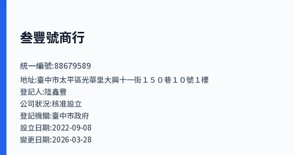 叁豐號商行的照片-統編 88679589(臺中市) 公司登記資料與營業項目詳細圖表