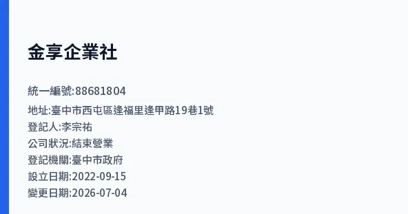 金享企業社的照片-統編 88681804(臺中市) 公司登記資料與營業項目詳細圖表