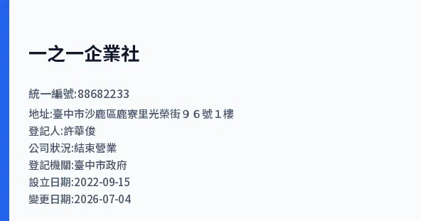 一之一企業社的照片-統編 88682233(臺中市) 公司登記資料與營業項目詳細圖表