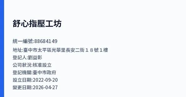 舒心指壓工坊的照片-統編 88684149(臺中市) 公司登記資料與營業項目詳細圖表