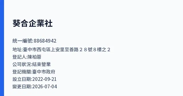 葵合企業社的照片-統編 88684942(臺中市) 公司登記資料與營業項目詳細圖表