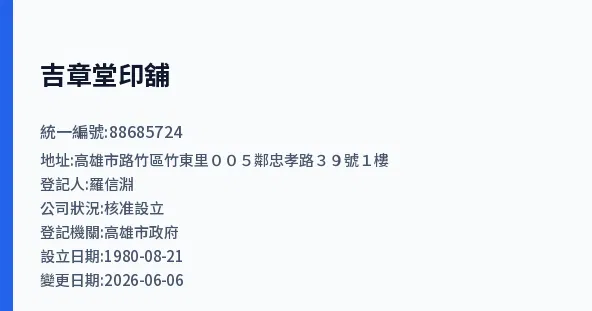 吉章堂印舖的照片-統編 88685724(高雄市) 公司登記資料與營業項目詳細圖表