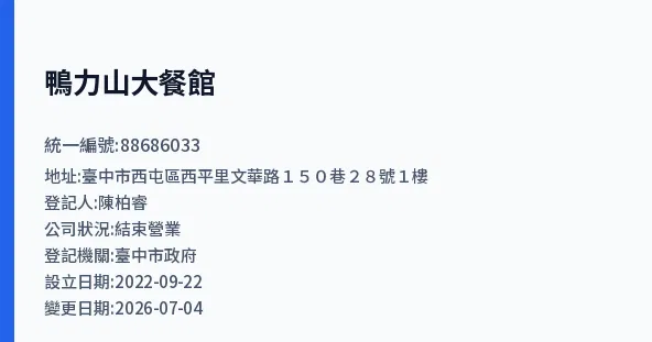鴨力山大餐館的照片-統編 88686033(臺中市) 公司登記資料與營業項目詳細圖表
