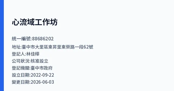 心流域工作坊的照片-統編 88686202(臺中市) 公司登記資料與營業項目詳細圖表