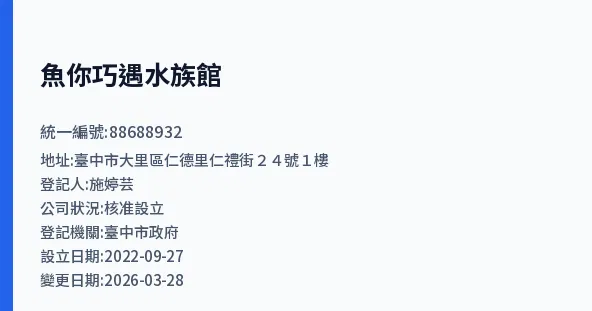 魚你巧遇水族館的照片-統編 88688932(臺中市) 公司登記資料與營業項目詳細圖表