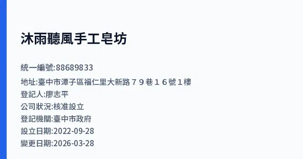 沐雨聽風手工皂坊的照片-統編 88689833(臺中市) 公司登記資料與營業項目詳細圖表