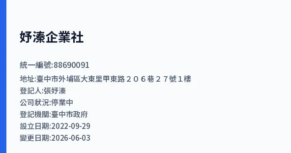 妤溱企業社的照片-統編 88690091(臺中市) 公司登記資料與營業項目詳細圖表