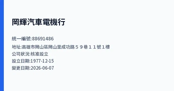 岡輝汽車電機行的照片-統編 88691486(高雄市) 公司登記資料與營業項目詳細圖表