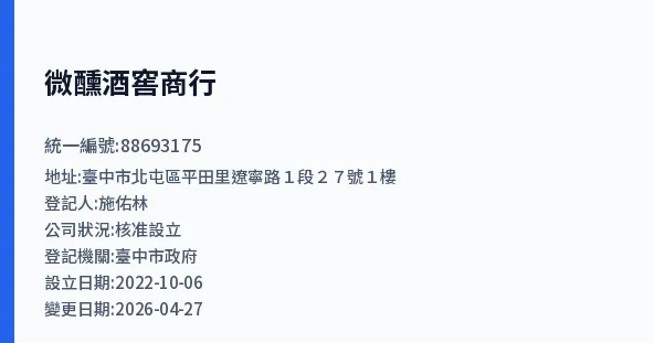 微醺酒窖商行的照片-統編 88693175(臺中市) 公司登記資料與營業項目詳細圖表