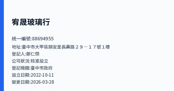 宥晟玻璃行的照片-統編 88694955(臺中市) 公司登記資料與營業項目詳細圖表