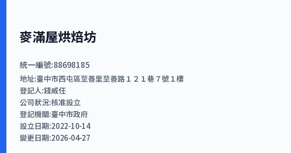 麥滿屋烘焙坊的照片-統編 88698185(臺中市) 公司登記資料與營業項目詳細圖表