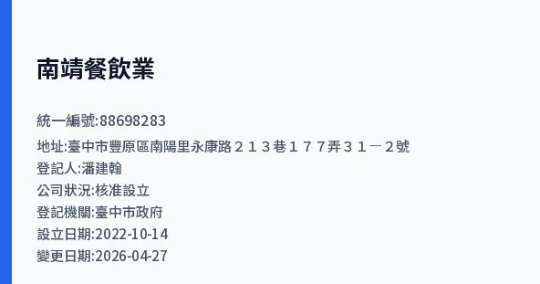 南靖餐飲業的照片-統編 88698283(臺中市) 公司登記資料與營業項目詳細圖表
