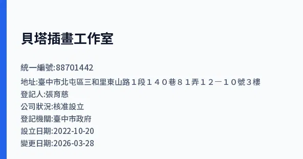 貝塔插畫工作室的照片-統編 88701442(臺中市) 公司登記資料與營業項目詳細圖表