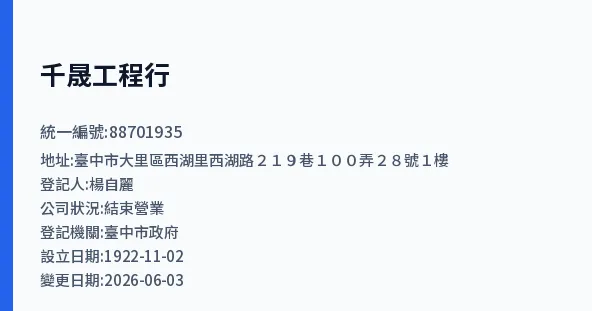 千晟工程行的照片-統編 88701935(臺中市) 公司登記資料與營業項目詳細圖表