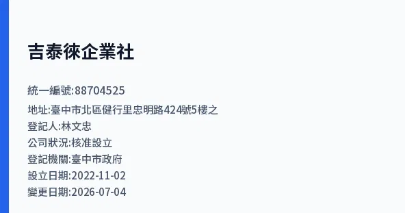 吉泰徠企業社的照片-統編 88704525(臺中市) 公司登記資料與營業項目詳細圖表
