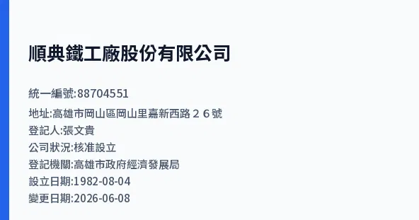 順典鐵工廠股份有限公司的照片-統編 88704551(高雄市) 公司登記資料與營業項目詳細圖表