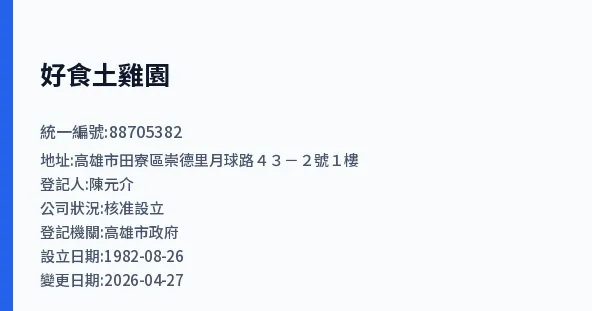 好食土雞園的照片-統編 88705382(高雄市) 公司登記資料與營業項目詳細圖表