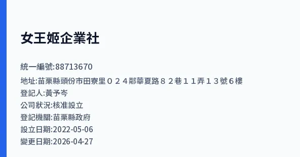 女王姬企業社的照片-統編 88713670(苗栗縣) 公司登記資料與營業項目詳細圖表