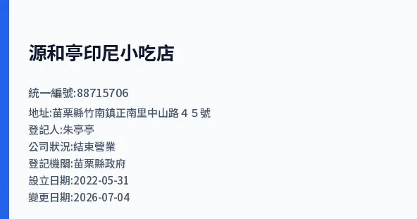 源和亭印尼小吃店的照片-統編 88715706(苗栗縣) 公司登記資料與營業項目詳細圖表