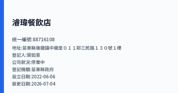 濬瑋餐飲店的照片-統編 88716108(苗栗縣) 公司登記資料與營業項目詳細圖表