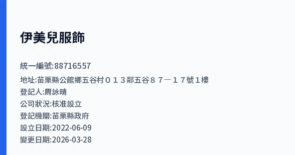 伊美兒服飾的照片-統編 88716557(苗栗縣) 公司登記資料與營業項目詳細圖表