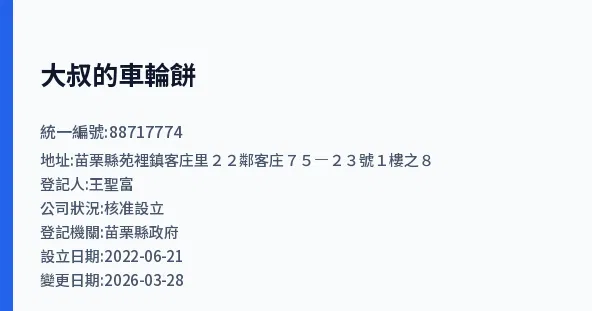 大叔的車輪餅的照片-統編 88717774(苗栗縣) 公司登記資料與營業項目詳細圖表