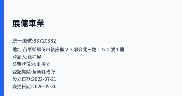 展億車業的照片-統編 88720882(苗栗縣) 公司登記資料與營業項目詳細圖表