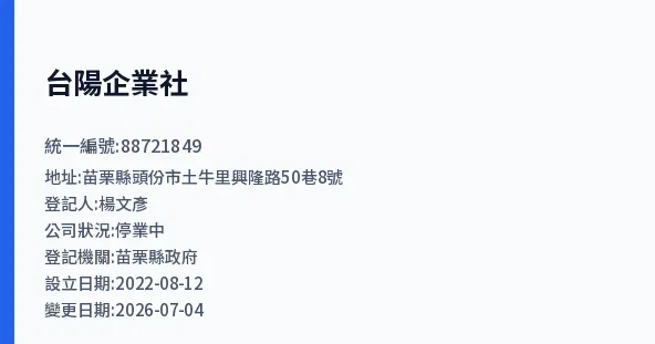 台陽企業社的照片-統編 88721849(苗栗縣) 公司登記資料與營業項目詳細圖表