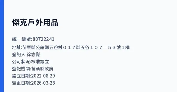 傑克戶外用品的照片-統編 88722241(苗栗縣) 公司登記資料與營業項目詳細圖表