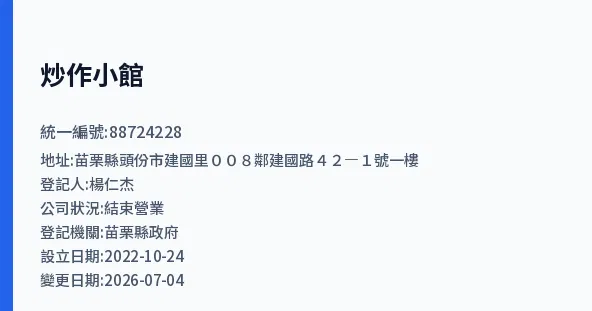 炒作小館的照片-統編 88724228(苗栗縣) 公司登記資料與營業項目詳細圖表