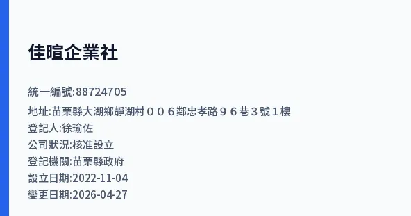 佳暄企業社的照片-統編 88724705(苗栗縣) 公司登記資料與營業項目詳細圖表