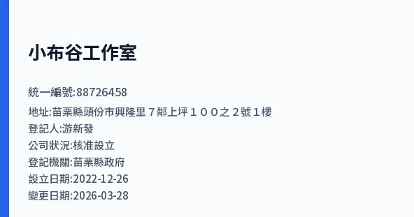 小布谷工作室的照片-統編 88726458(苗栗縣) 公司登記資料與營業項目詳細圖表