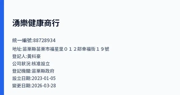 湧樂健康商行的照片-統編 88728934(苗栗縣) 公司登記資料與營業項目詳細圖表