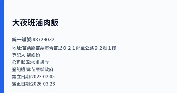 大夜班滷肉飯的照片-統編 88729032(苗栗縣) 公司登記資料與營業項目詳細圖表