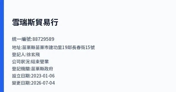 雪瑞斯貿易行的照片-統編 88729589(苗栗縣) 公司登記資料與營業項目詳細圖表